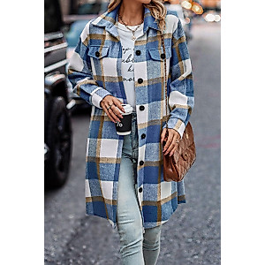 PRETTYGARDEN Women's Plaid Shacket 2025 Long Sleeve Button Up Flannel Shirt Winter Tartan Jacket Woolen Coats (Plaid Blue White,Medium)