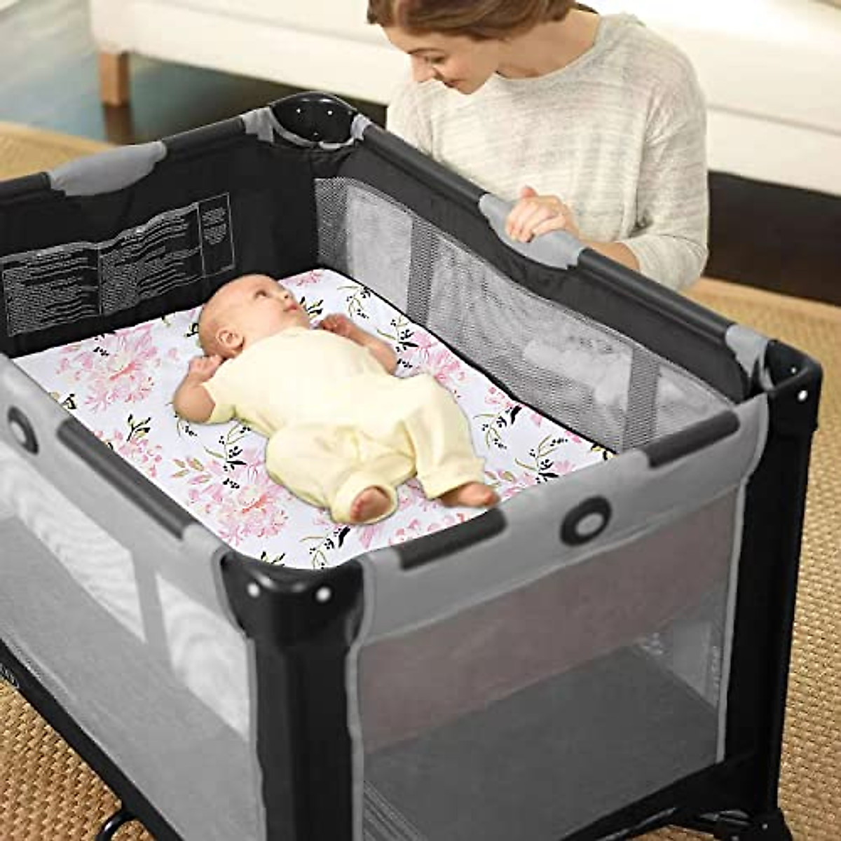 Pack N Play Sheets, 2 Pack Mini Crib Sheets Fits Standard Size 38" X 26" Playard Mattress, Soft and Stretchy, Playard Fitted Sheet, Pink Floral & Solid Pink