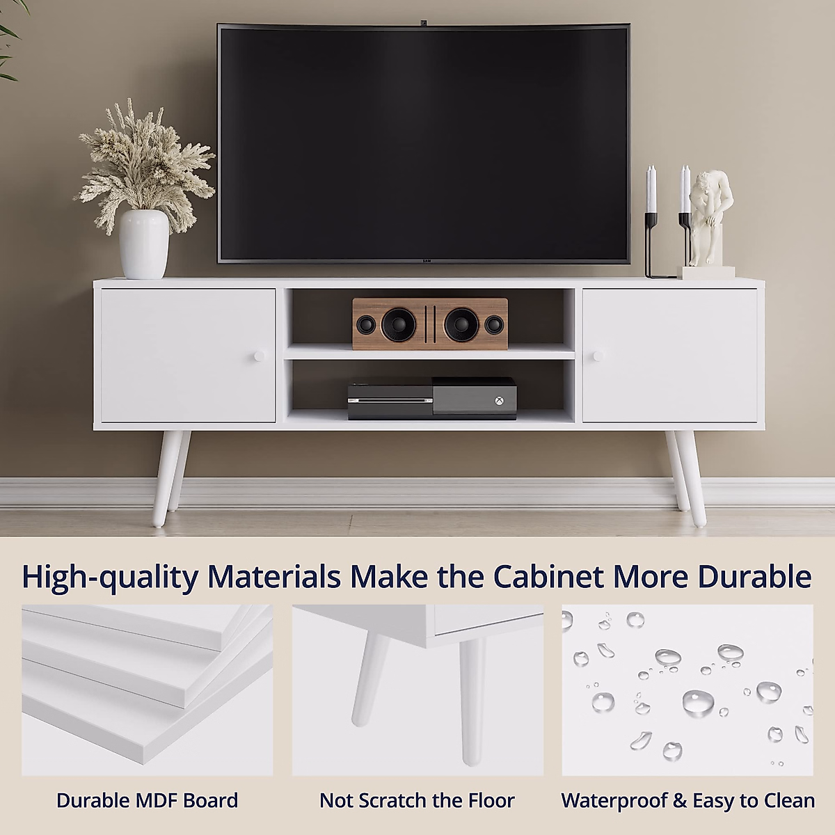 Mid-Century Modern TV Stand for 55/60 inch TV, Entertainment Center with Storage Cabinet and Open Shelves, TV Media Console for Living Room, Bedroom and Office, White