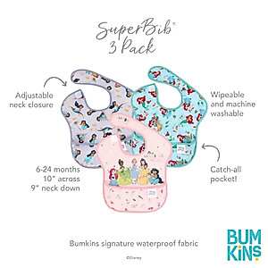 Bumkins Disney Bibs for Girl or Boy, SuperBib Baby and Toddler for 6-24 Months, Essential Must Have for Eating, Feeding, Baby Led Weaning, Mess Saving Waterproof Soft Fabric, 3-pk Princess Magic
