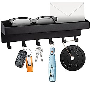 KingAcc Key Holder for Wall Decorative, Wall Mounted Key and Mail Organizer, Adhesive Key Rack/Hanger with Tray,6 Key Hooks for Entryway Hallway Kitchen Farmhouse (Black)
