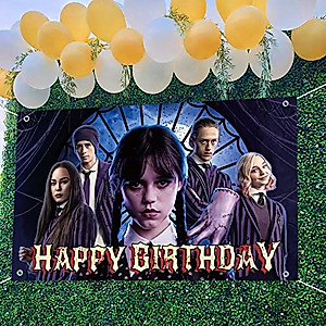 Wednesday New Addams Party Supplies, Happy Birthday Backdrop for Wednesday Party Decorations, 5 x 3FT Birthday Banner for Girls Boys Kids Birthday Party Decor