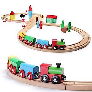 SainSmart Jr. Wooden Train Set for Toddler with Double-Side Train Tracks Fits Brio, Thomas, Melissa and Doug, Kids Wood Toy Train for 3,4,5 Year old Boys and Girls
