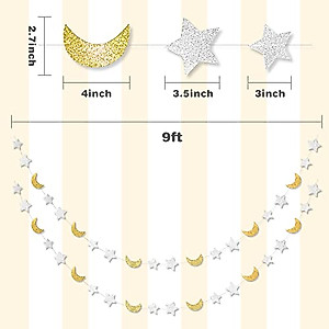 Gold Silver Moon Star Garland for Twinkle Twinkle Little Star Party Decoration/First Birthday/Baby Shower/Wedding/Kids Room/Nursery/Ramadan EID/Graduation Decor/Goodnight Moon Party Decorations