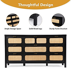 UHMUVFM 9 Drawer Dresser with Rattan Finish, Modern Farmhouse Chest of Drawers with Metal Handles, Accent Wood Storage Cabinet for Bedroom, Living Room and Kitchen (Black)