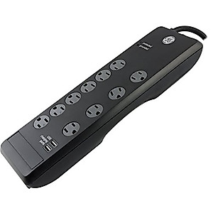 GE Surge Protector with 10 Outlets and 2 USB Ports, Twist-to-Lock, Black, 13476