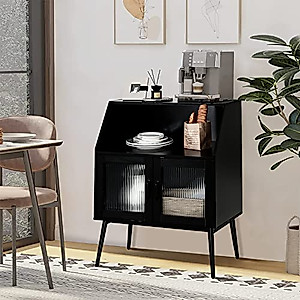 Giantex Buffet Cabinet with Storage, Farmhouse Sideboard with Open Shelves & Tempered Glass Door, Mid Century Free-Standing Kitchen Cupboard for Living Room Hallway, Black