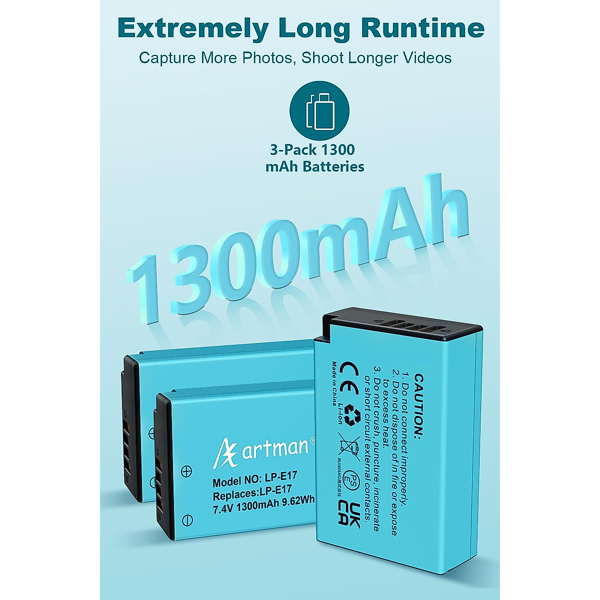 Artman 3-Pack LP-E17 Batteries 1300mAh and 3-Channel LCD Charger Pack for Canon EOS RP R10 R8 R50 Rebel T6i T7i T8i T6s SL2 SL3 EOS M3 M5 M6 200D 77D 750D 760D 800D 8000D KISS X8i Camera