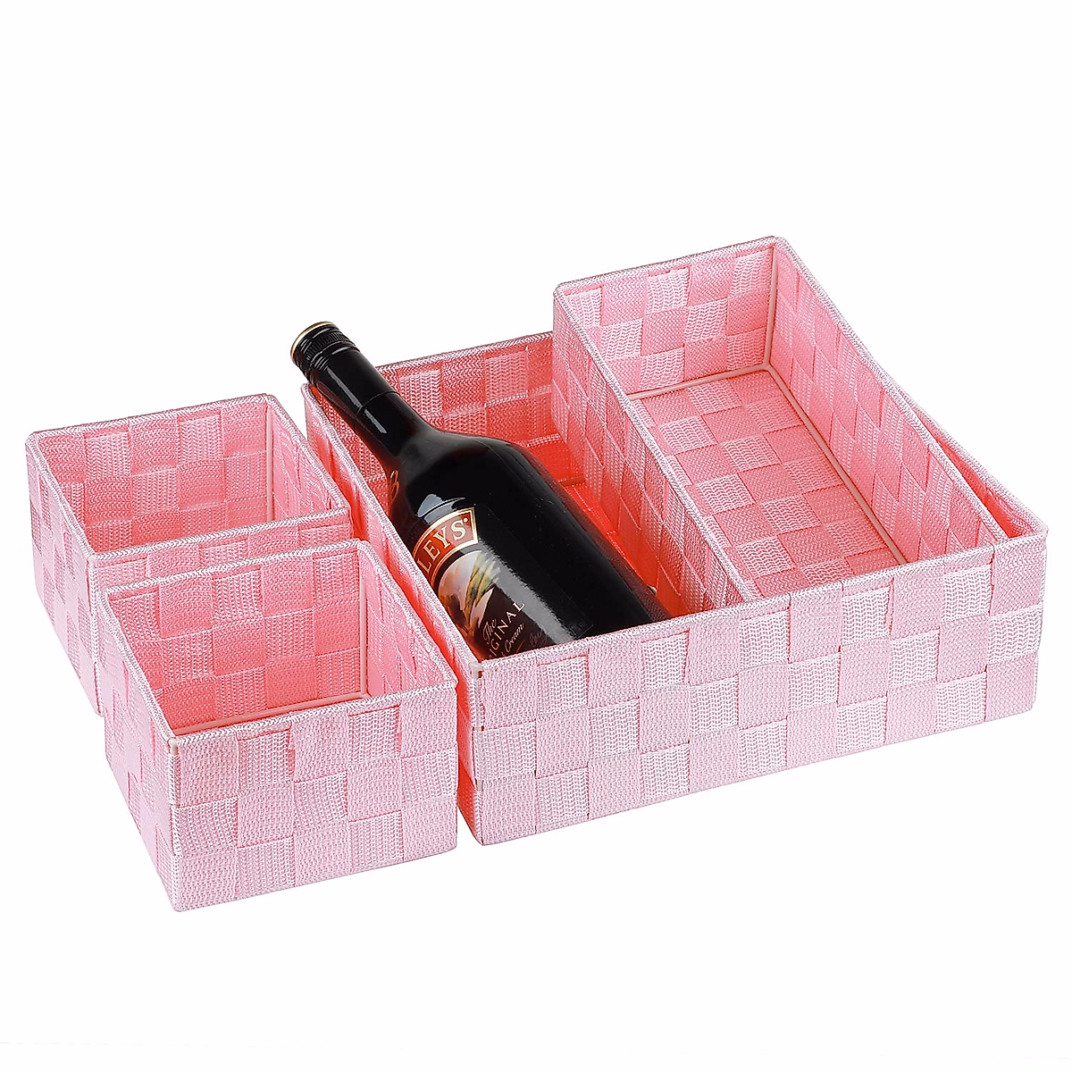 Posprica Woven Storage Baskets for Organizing, Small Baskets Cube Bin Container Tote Organizer Divider for Drawer, Closet, Shelf, Dresser, Set of 4(Pink)