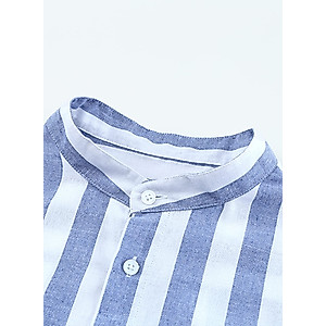 JMIERR Mens Casual Cotton Linen Shirts Button Down Long Sleeve Striped Beach Resort Shirts for Men,US 38(S),0Sky Blue