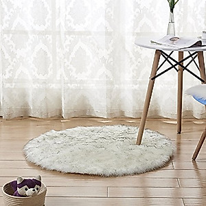 Round Mat Home Decor Faux Fur Sheepskin Rugs Kids Carpet Nursery Bedroom Fluffy Rug Shaggy Area Rug, Diameter 2ft White+Grey