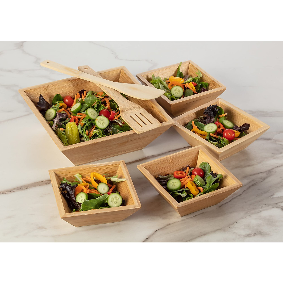 KITCHEN Affections | Bamboo Bowl Set | 5pc Square Bowl Set with Serving Utensils | Wood Dinnerware | Eco Friendly Bowls