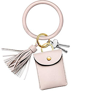 Adorve Key Ring Bracelets Card Holder PU Leather Tassel Round Key Chain Wristlet Bangle Keychain with Wallet for Women Girls, Pink