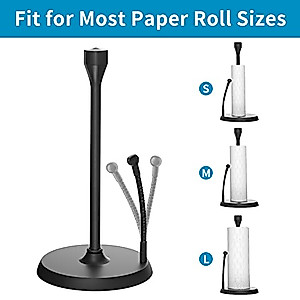 Multi-Function Black Paper Towel Holder Countertop with Phone Holder, Easy One Hand Tear Paper Towel Holder Stand with Weighted Base Spring Arm for Most Sizes Paper Roll for Kitchen Paper Towel Rack