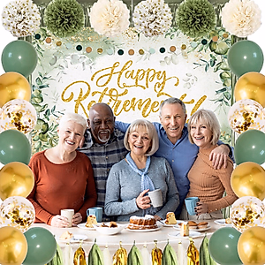 Sage Green Retirement Party Decorations - Happy Retirement Banner Foil Curtains Backdrop Tissue Paper Pom Poms Latex and Confetti Balloons for Retirement Party Supplies