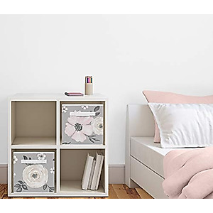 Sweet Jojo Designs Grey Watercolor Floral Foldable Fabric Storage Cube Bins Boxes Organizer Toys Kids Baby Childrens - Set of 2 - Blush Pink Gray and White Shabby Chic Rose Flower Farmhouse