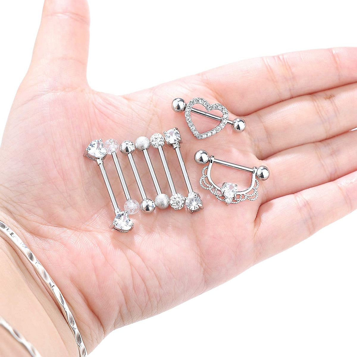 FINREZIO 8 Pairs 14G Nipple Rings 316L Surgical Steel Heart CZ Tongue Barbell Body Piercing Shield Ring Set 5/8 Inches(Silver tone)