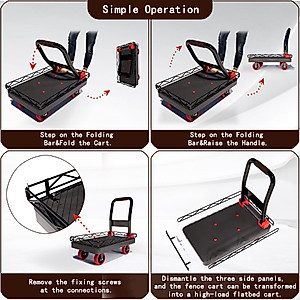 2IN1 Heavy Duty Platform Trucks Flatbed Carts, Push Cart Dolly 1760lbs Capacity Hand Trucks w/Detachable Solid Steel Wire Fence, 36×24 Collapsible Cage Cart Dolly, 5-Inch Silent TPR Wheels