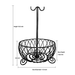TREEZITEK Large Wire Fruit Basket Bowl Stand with Banana Hanger,Fruit Bowl with Banana holder Black