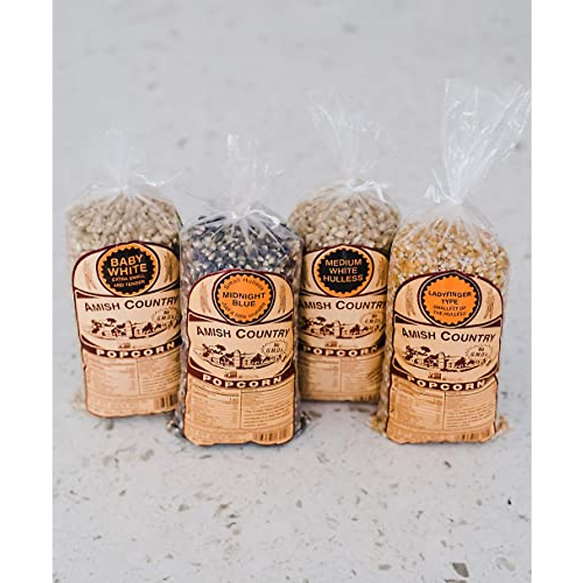 Amish Country Popcorn | 4-1 lb Bags | Variety Pack | 1 lb Baby White -1 lb Medium White - 1 lb Ladyfinger and 1 lb Midnight Blue Popcorn Kernels | Old Fashioned, Non-GMO and Gluten Free (4-1 lb Bags)
