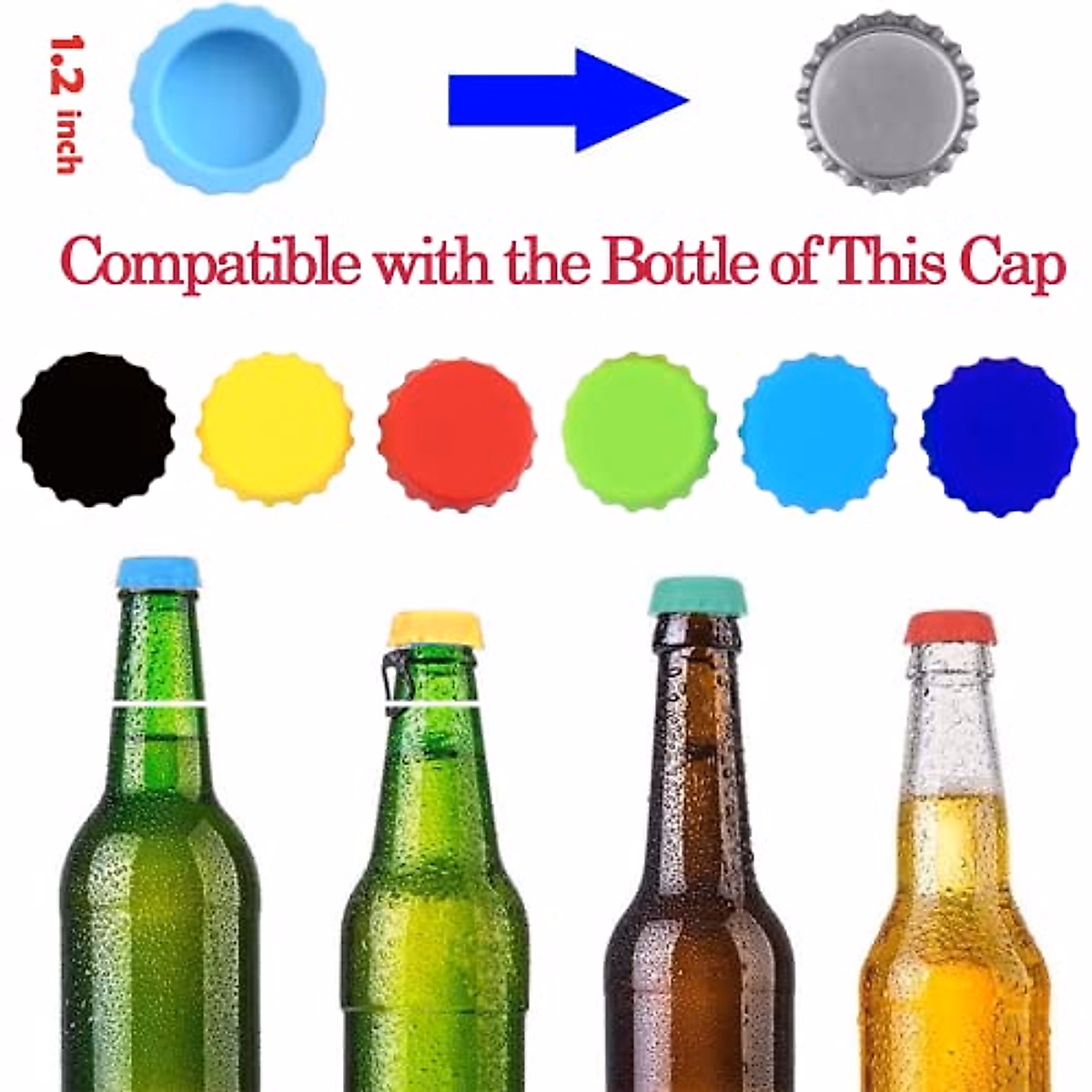 Bottle Caps, Beer Bottle Caps Silicone Reusable Soda Bottle Stopper Hat Sealer Cover for Soft Drink, Beverages, HomeBrew, Kitchen Gadgets, Prevent Spillage, Dishwasher Safe, BPA-Free (Mix, 6 Pack)