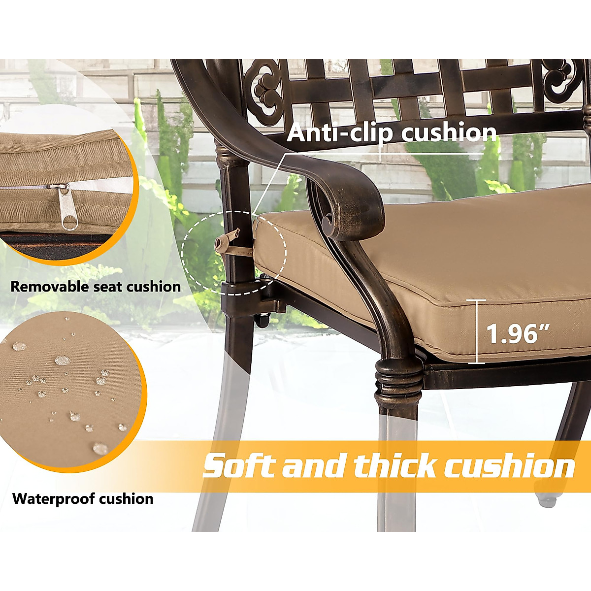 TITIMO Cast Aluminum Patio Dining Set 7-Piece with Cast-Top Table and Chairs with Cushions,Outdoor Furniture Set for Backyard Porch Pool (6 Love Chairs+Rect Table+Khaki Cushions)