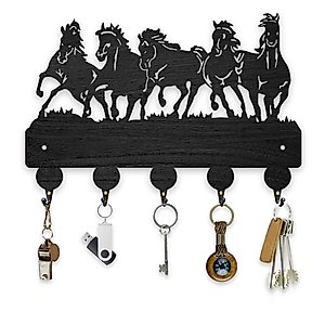 BEUNITONE Horses Wooden Key Hanger Animal Wood Key Holder Hooks 11.8x7.9 Rustic Key Rack Organizer Wall Mounted Coat Hook with 5 Hooks Screws for Entryway Front Door Kitchen Hallway Office Decor