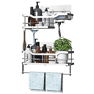 Carwiner Shower Shelf Basket Caddy 2-Pack with 6 Hooks & Tower Hanger & Soap Dish Holder, SUS304 Stainless Steel Bathroom Caddy Organizer Rack Adhesive Shampoo Holder Wall Mounted No Drilling (Silver)