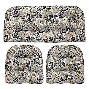 RSH Décor Indoor Outdoor 3 Pc Tufted Wicker Cushion Set 1 Loveseat & 2 U-Shape-Choose Color & Size (Dailey Pewter Grey Black Tan Floral Scroll, LS 41"x19" US 19"x19")