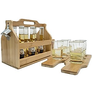 Sorbus Wooden Bottle Caddy with Opener & Sampler Boards, Drink Holder for Beer, Soda, Perfect for Bar, Pub, Restaurant, Brew Fest Party, and More, Bamboo