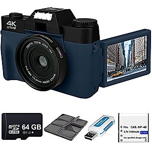 eDealz 4K 48MP Digital Camera Photography with 3’’ 180° Flip Screen, WiFi, 16X Zoom, Rechargeable Battery, 64GB Micro SD Card, 6 PC Card Holder USB Card Reader (Navy)