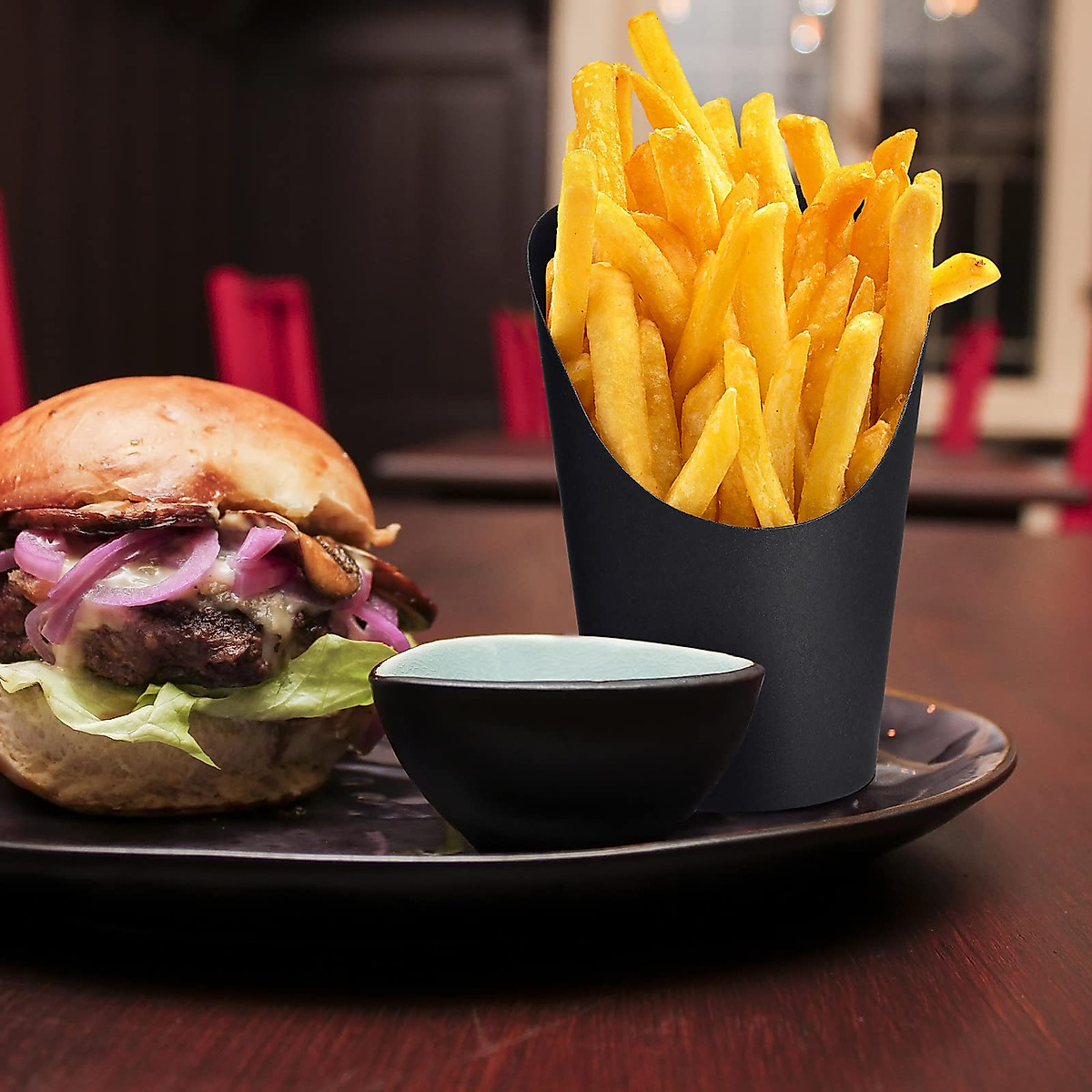 Sieral 100 Pcs French Fry Holder Disposable Halloween Party French Fries Cups 14oz/ 16oz Food Charcuterie Cones Black French Fry Container Paper Waffle Snack Popcorn Box for Wedding Birthday(14 oz)