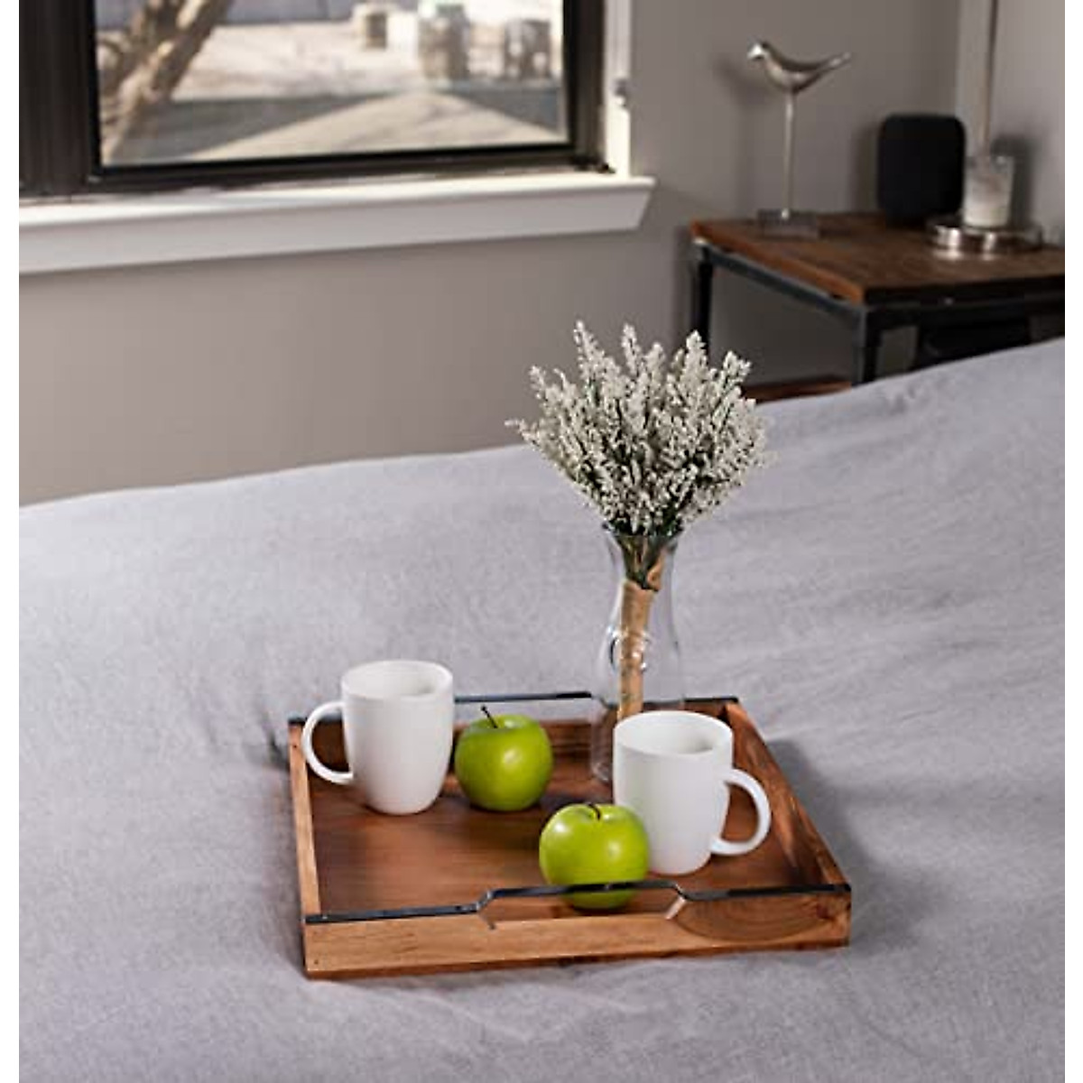 BIRDROCK HOME Wooden Serving Tray with Handles - Farmhouse Decor - Square Top Breakfast Trays - Tea Cheese Board - Coffee Table - Natural Acacia Wood - Kitchen - Bar
