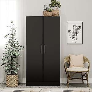 Prepac Elite 32" Storage Cabinet Closet, Black Storage Cabinet, Linen Cabinet, Wardrobe Cabinet with Hanging Rail and Shelves 24.5" D x 32" W x 65" H