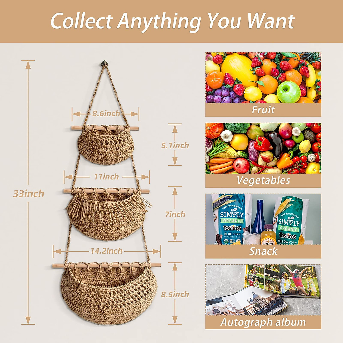 Hanging Fruit Basket, Handmade 3-Tier Jute Woven Wall Basket, BOHO Kitchen Wall Decor for Organizing, Storage Basket for Kitchen Living & Bathroom Bedroom