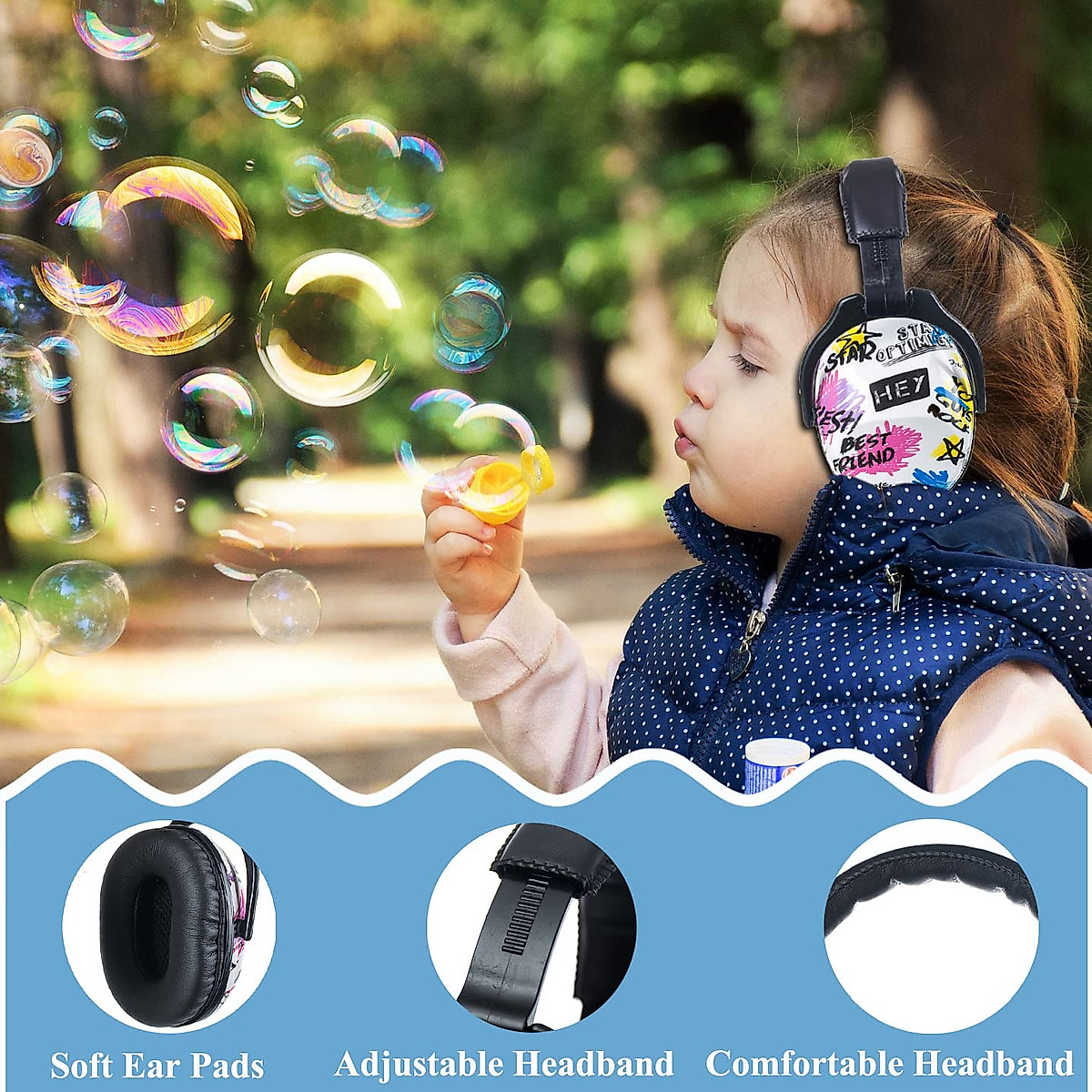 PROTEAR Kids Ear Protection Safety Ear Muffs, NRR 25dB Noise Reduction Children Earmuffs, Hearing Protectors for Sleeping, Studying, Airplane, Concerts, Fireworks - Graffiti with Black Band