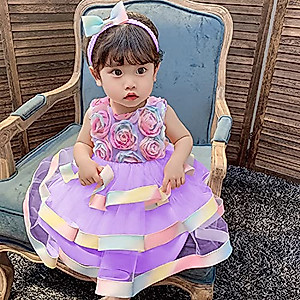 6M-6T Toddler Baby Girls Colorful Floral Tutu Gown Dress Party Evening Wedding Christmas Dance Dresses with Headwear Purple 90