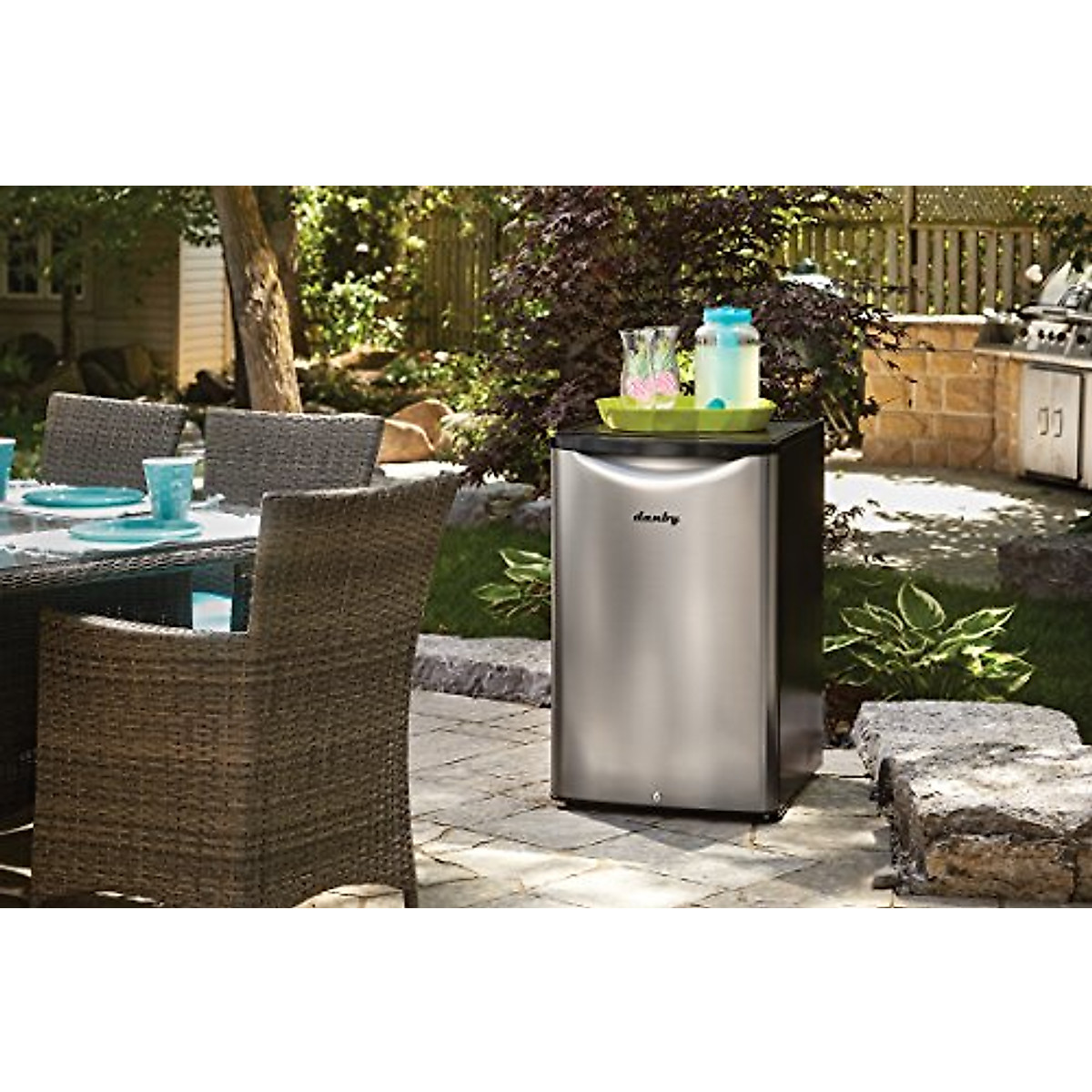 Danby DAR044A6BSLDBO 4.4 Cu.Ft. Outdoor Mini Fridge, IPX4-Rated Stainless Steel Look All Refrigerator for Patio, Cabana, Pool Bar, E-Star Rated, Spotless Steel