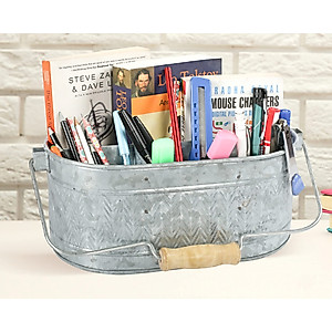 Rustic Fahmouse Galvanized Food Kitchen Utensil Holder, Picnic Drink Serveware Caddy, Multipurpose Vintage Storage Bin With Handle For Dining Table Bathroom Gardening- 12 Inch - Antique Silver