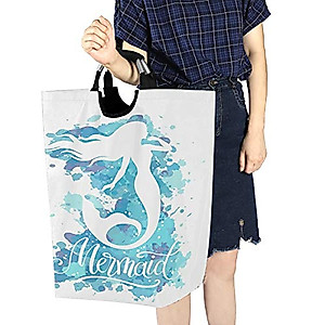 Kaariok Watercolor Mermaid Fantasy Fish Blue Laundry Hamper with Handles Waterproof Collapsible Storage Basket Large Dirty Clothes Bin for Laundry Room, 22.7 Inches