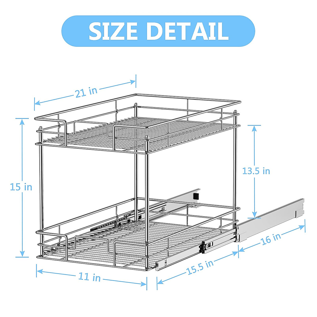 LOVMOR Cabinet Organizer, 2-Tier Pull Out Cabinet Organizers 11" W x 21" D, Pull Out Home Organizers Chrome Pull Out Drawer for Base Cabinet Silver