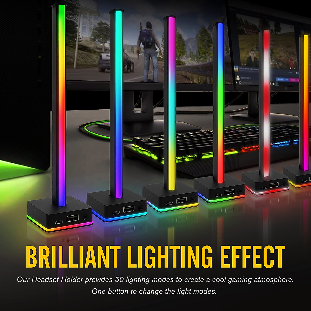 EZDIY-FAB USB LED Light Bar Headphones Stand, Desktop Atmosphere RGB Backlight,50 Built-in Color Modes, Headphone Holder for Gamers Gaming PC PS5 Accessories Desk- Black- 1 Pack