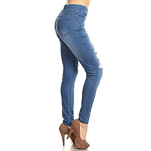 Women's Stretch Pull-On Skinny Ripped Distressed Denim Jeggings Blue-55 Large