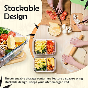 Reusable Glass Meal Prep Container Set, Glass Food Containers With Lids, Lunch Storage With Compartment Dividers, Large Glass Bento Box Set For Meal Planning, Freezer And Oven Safe, [3-Pack,30 Oz]