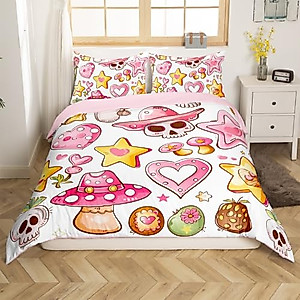 Pink Stars Hearts Bedding Set Tribal Cowgirl Hat Bedding Duvet Cover Kids Teens Gothic Skull Cute Comforter Cover Pink Yellow White Bedspread Cover Bedroom Quilt Cover 3Pcs Full,No Comforter