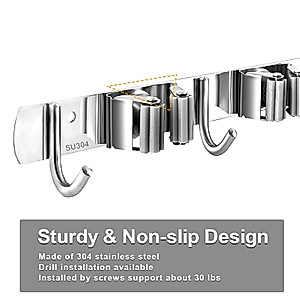 Zilvoran Mop And Broom Holder Wall Mount, Stainless Steel Mop Holder With Hooks, Brooms And Mops Tool Organizer For Closet Laundry Utility Room Garage (3 Racks & 4 Hooks)