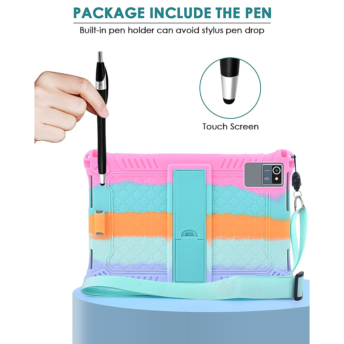 DETUOSI Silicone Case for Okaysea 10.1 inch Tablet with Stylus Pen & Shoulder Strap, Multi-Angle Stand Case, Soft Lightweight Protcetive Cover for QunyiCO 10.1, Moderness MB1001 10.1, Dazzling Pink