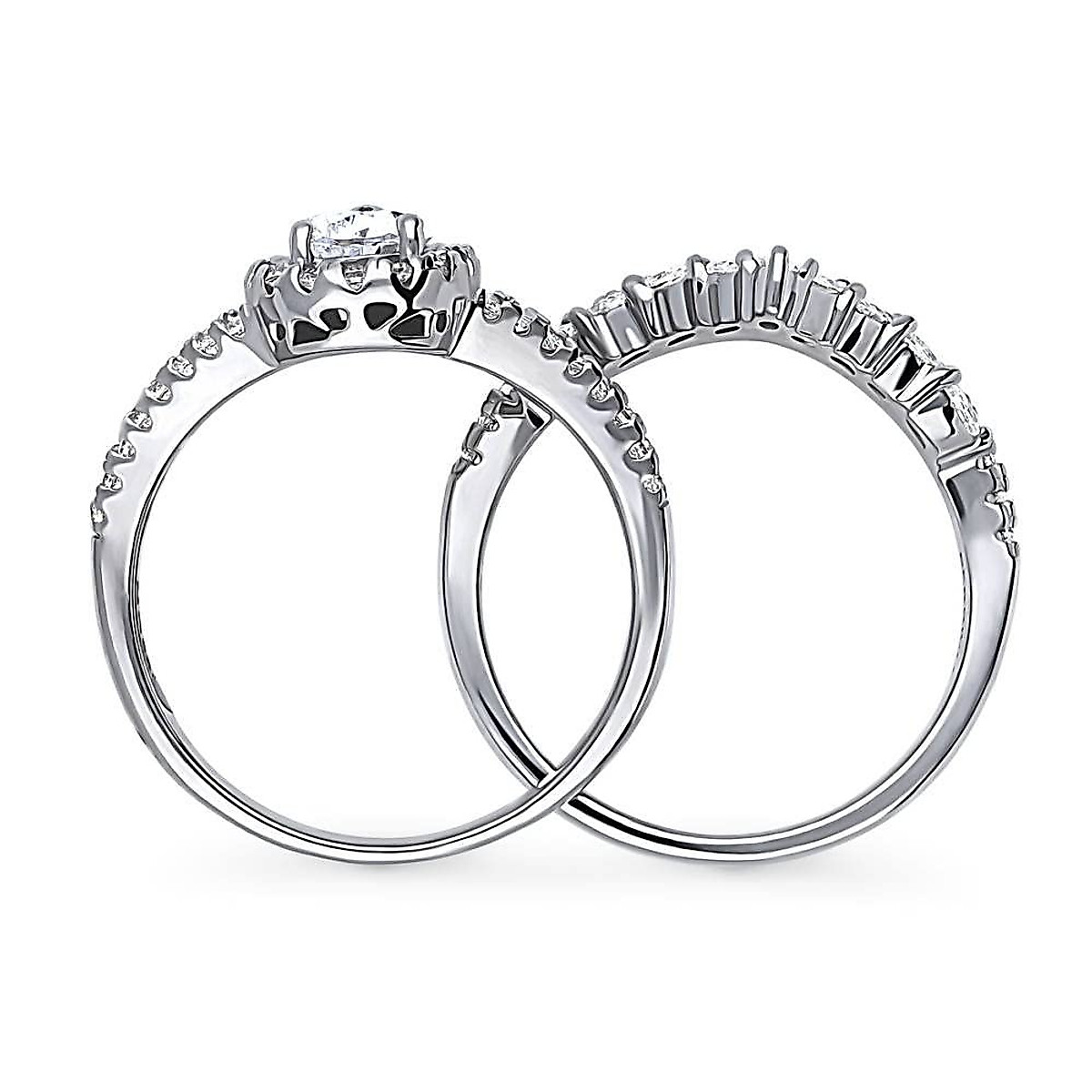 BERRICLE Sterling Silver Halo Wedding Engagement Rings Pear Cut Cubic Zirconia CZ Split Shank Ring Set for Women, Rhodium Plated Size 7