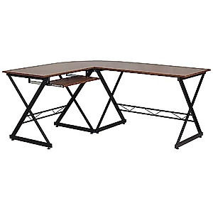 Flash Furniture Singleton Teakwood Laminate L-Shape Computer Desk with Pull-Out Keyboard Tray