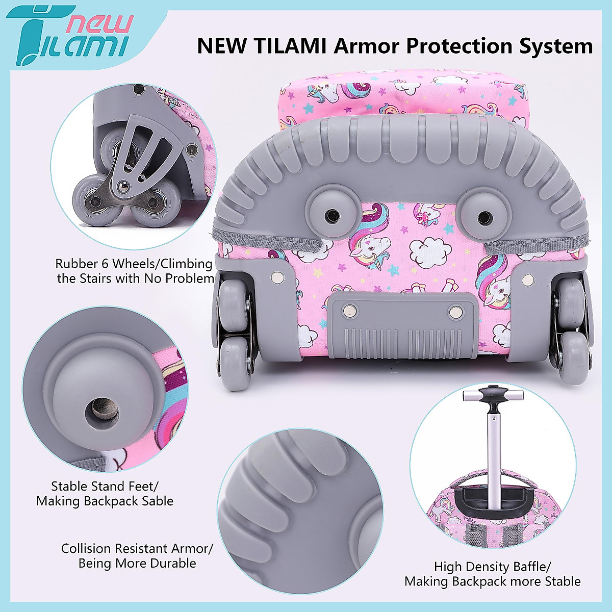 NEW TILAMI Unicorn Rolling Backpack for Kids, 18 Inches Adjustable Laptop Backpack with Wheels for Girls to School Travel Camping Boys Rolling Backpack